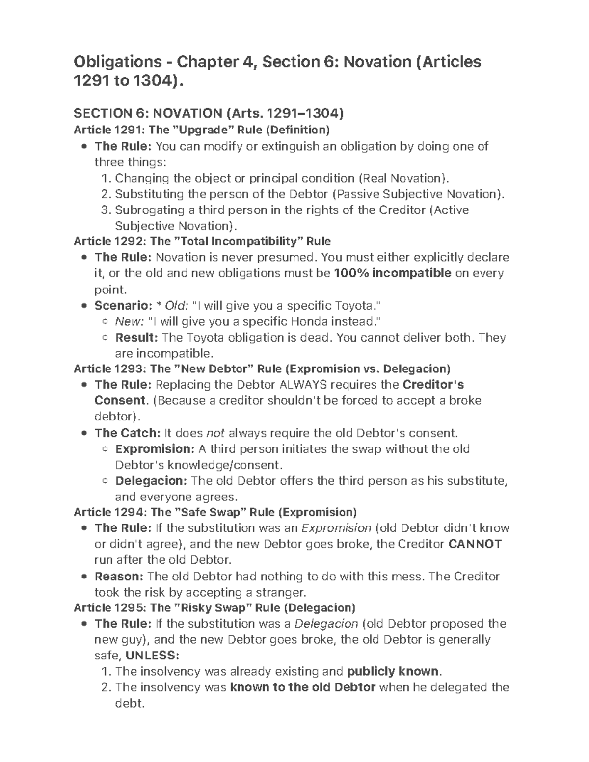 Obligations 1 2: Chapter 4, Sec. 6 - Novation (Arts. 1291-1304) - Studocu