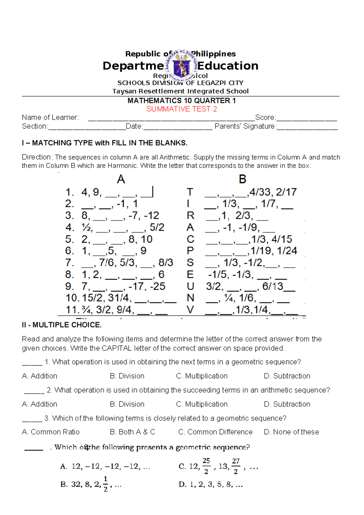 1st - Summative Test 2 - Republic of the Philippines Department of ...