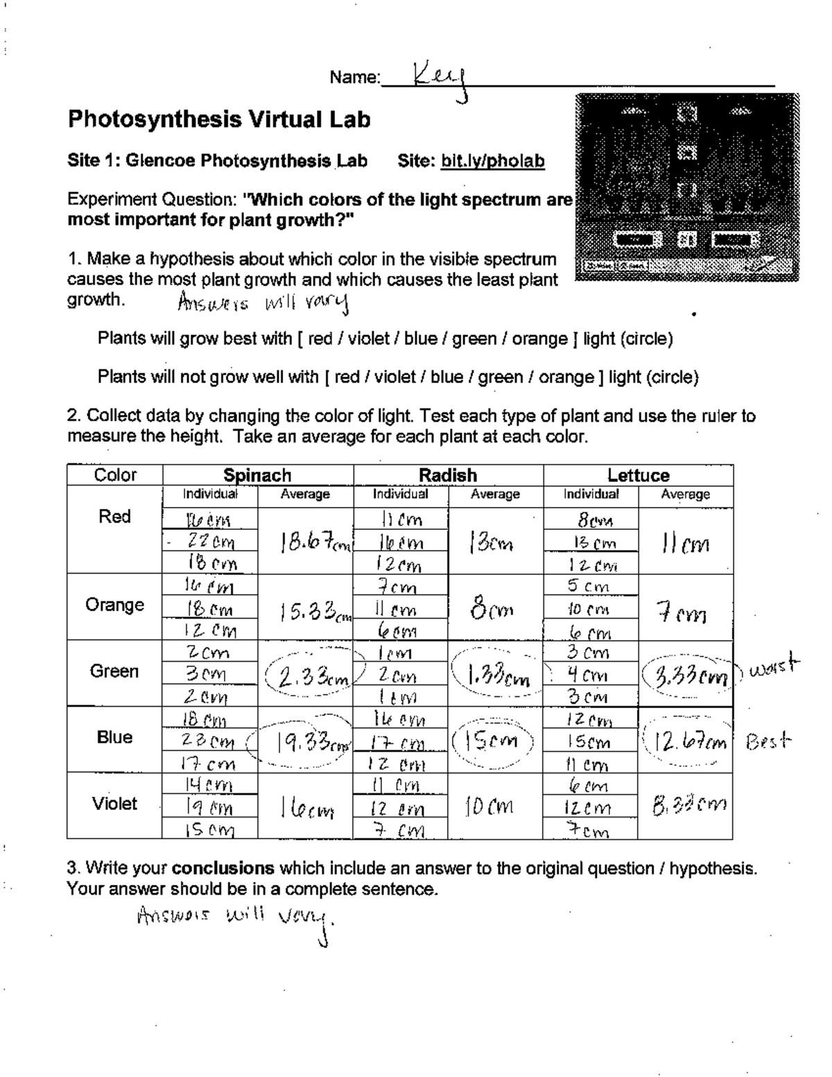 Photosynthesis virtual lab key 2016 - Name: Ve Photosynthesis Virtual ...