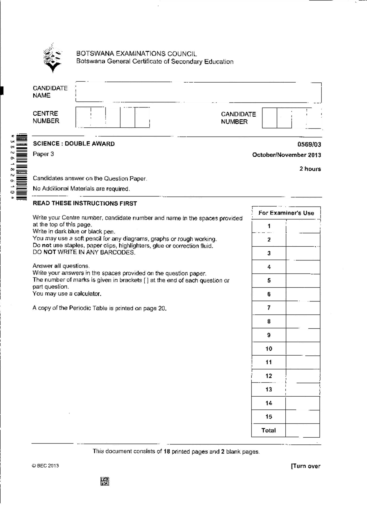 Bgcse Double Award Science Paper 3 Exam 2013 - Studocu