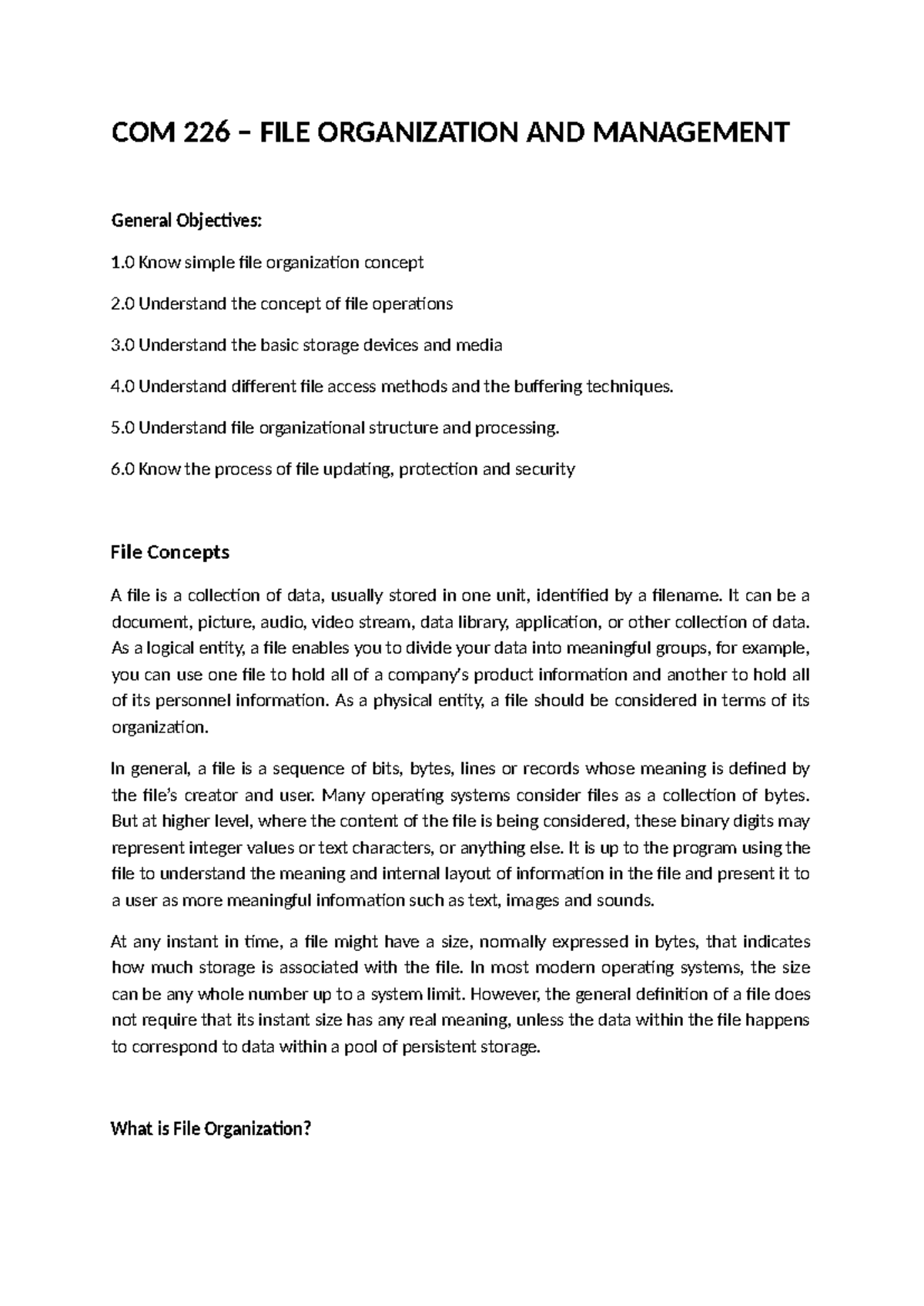 COM 226 - File Organization and Management Overview and Concepts - Studocu