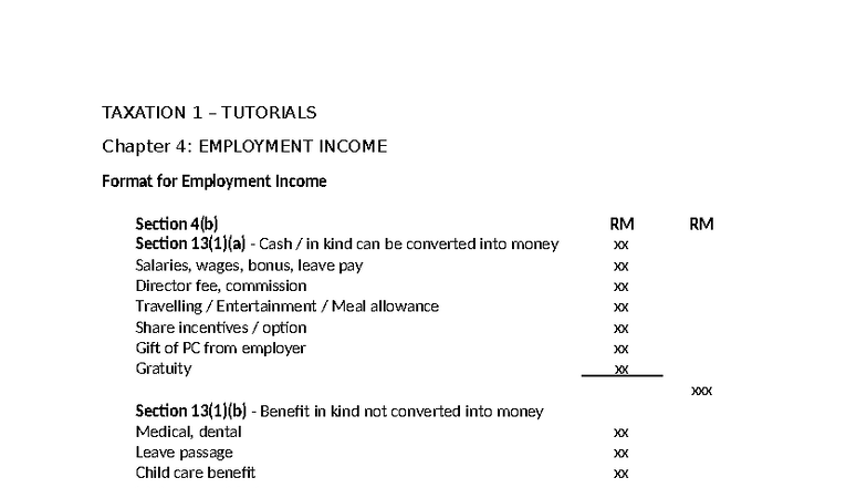TAXATION 1 TUTORIALS: Chapter 4 - Employment Income Analysis - Studocu