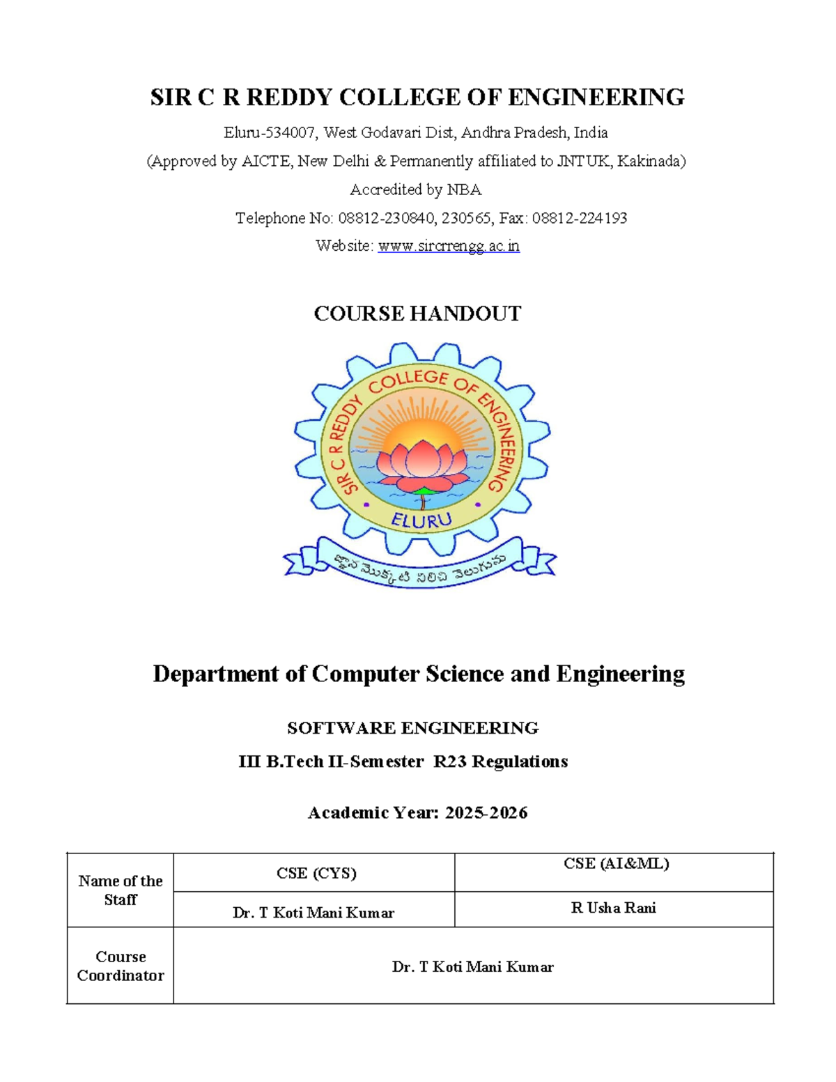Final CSE 1st Sem Software Engineering Course Handout - Studocu