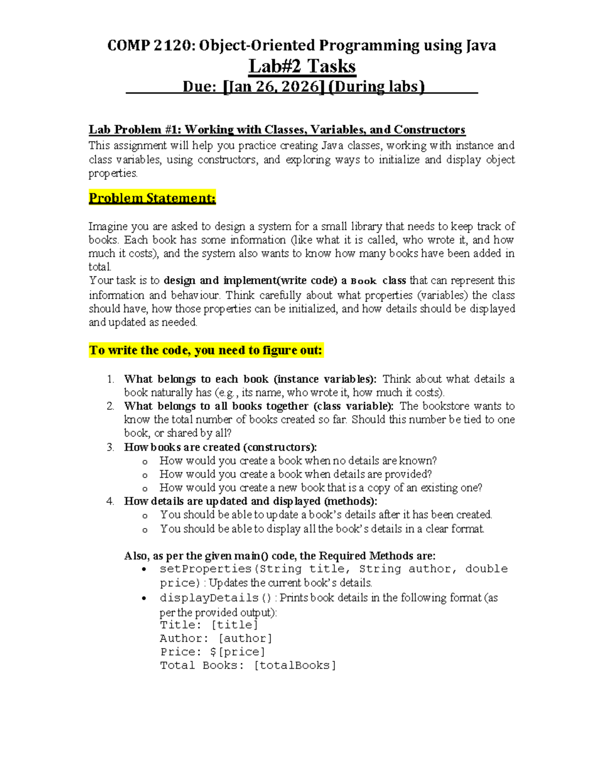 COMP 2120: Lab 2 - Java Class Design for Library System - Studocu