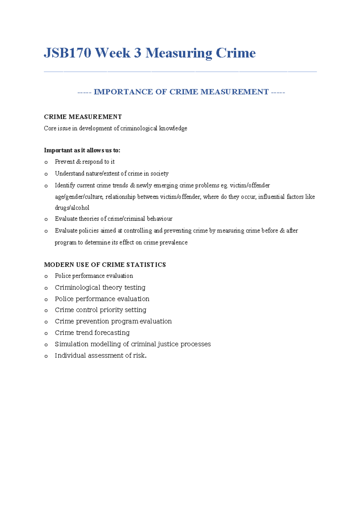 JSB170 Week 3 Lecture Notes: Importance of Crime Measurement - Studocu