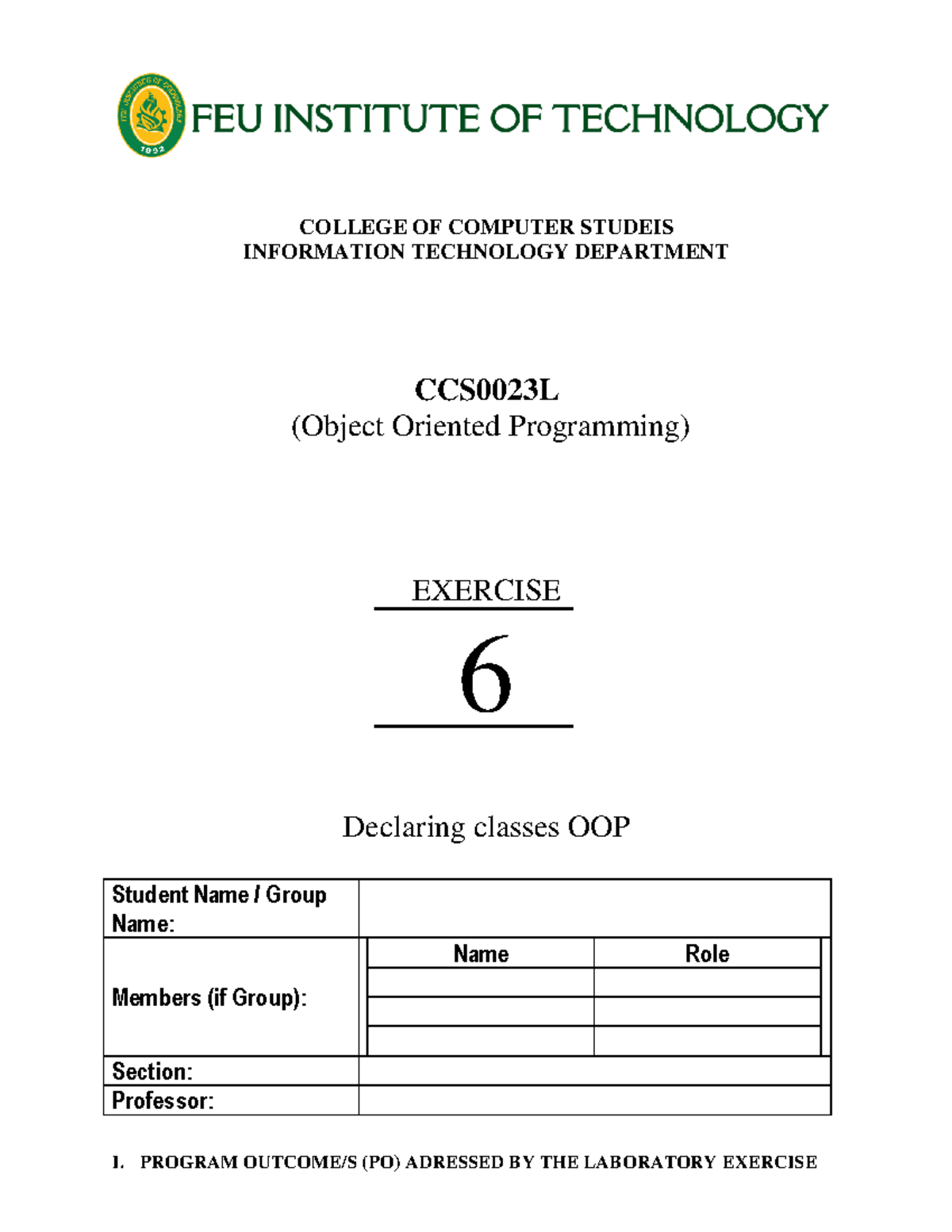 Laboratory Exp 6 (Declaring classes) - COLLEGE OF COMPUTER STUDEIS INFORMATION TECHNOLOGY ...