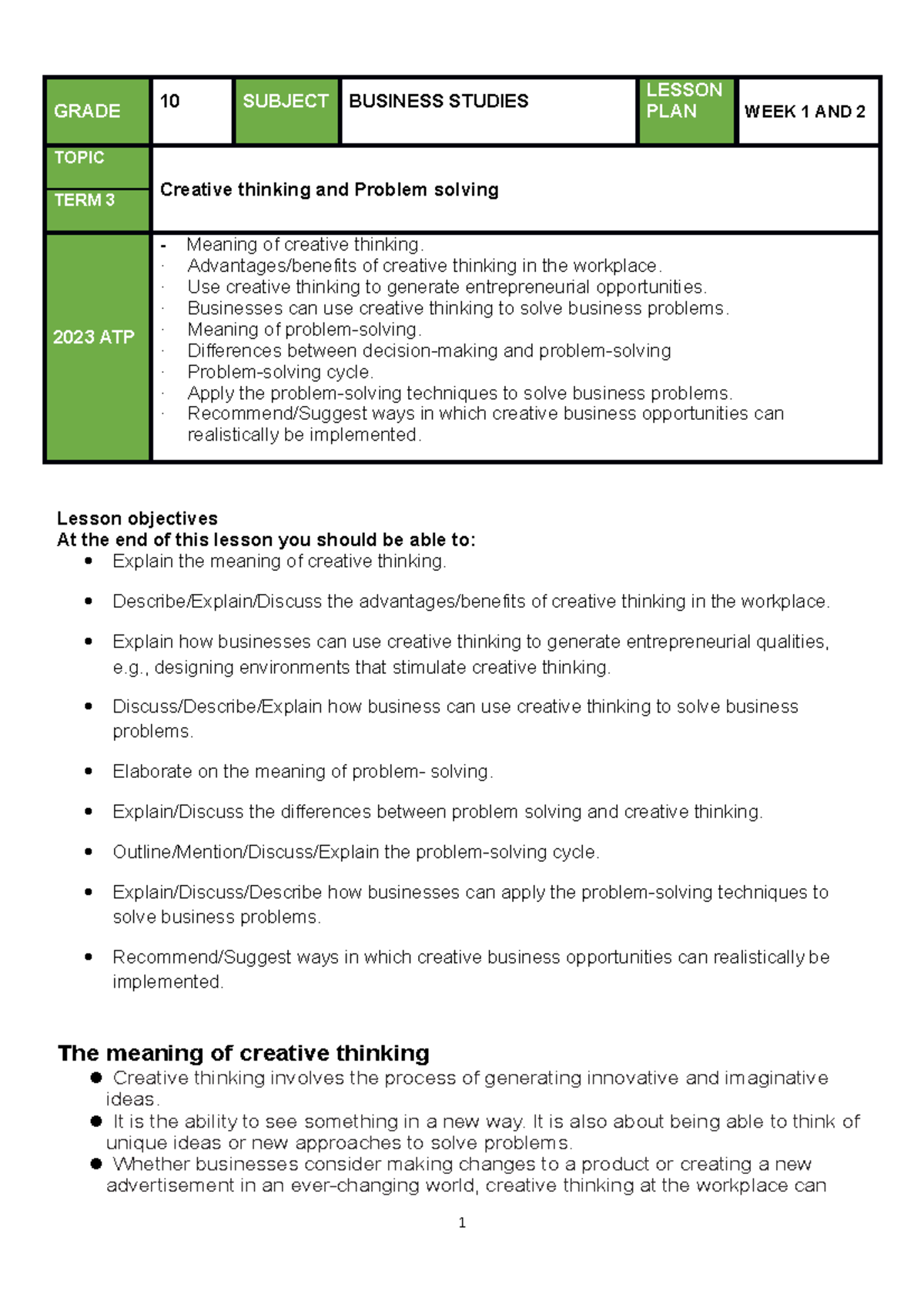 Grade 10 Business Studies Lesson Plans: Creative Thinking & Problem ...