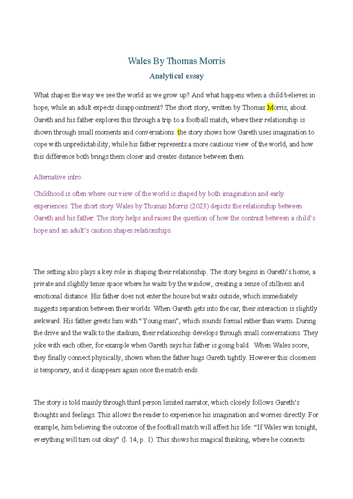 Wales - Thomas Morris Analytical Essay: Hope vs. Disappointment - Studocu