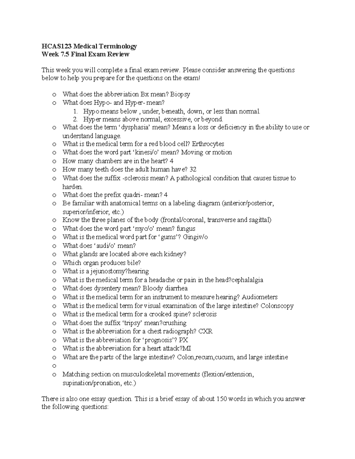 HCAS123 Week 7 Final Exam Review: Medical Terminology Key Concepts ...