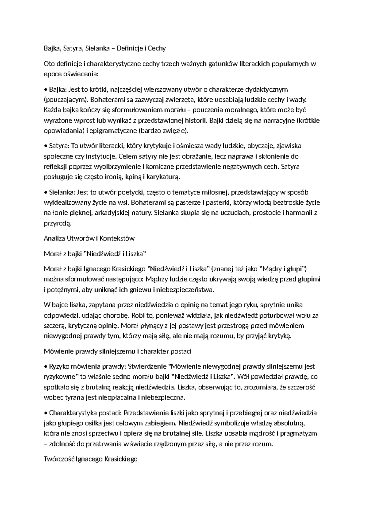 Bajka, Satyra, Sielanka: Definicje i Cechy Gatunków Literackich - Studocu