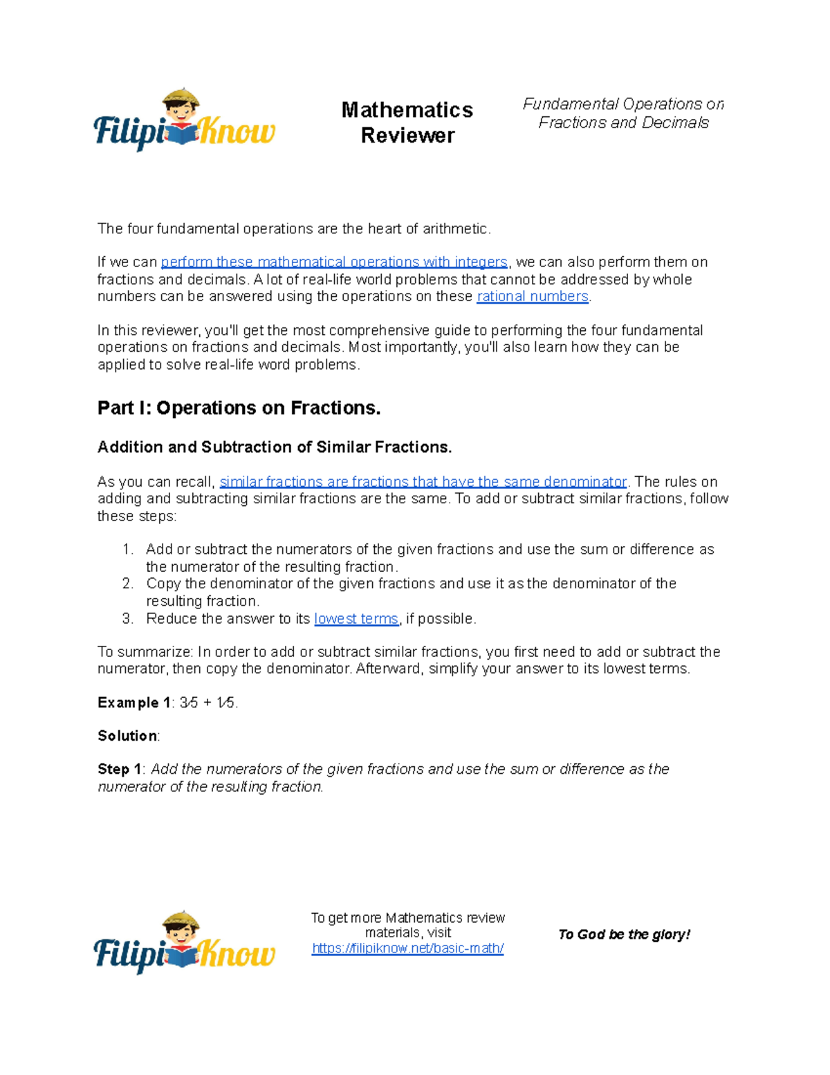 Mathematics Reviewer: Operations on Fractions & Decimals Module - Studocu