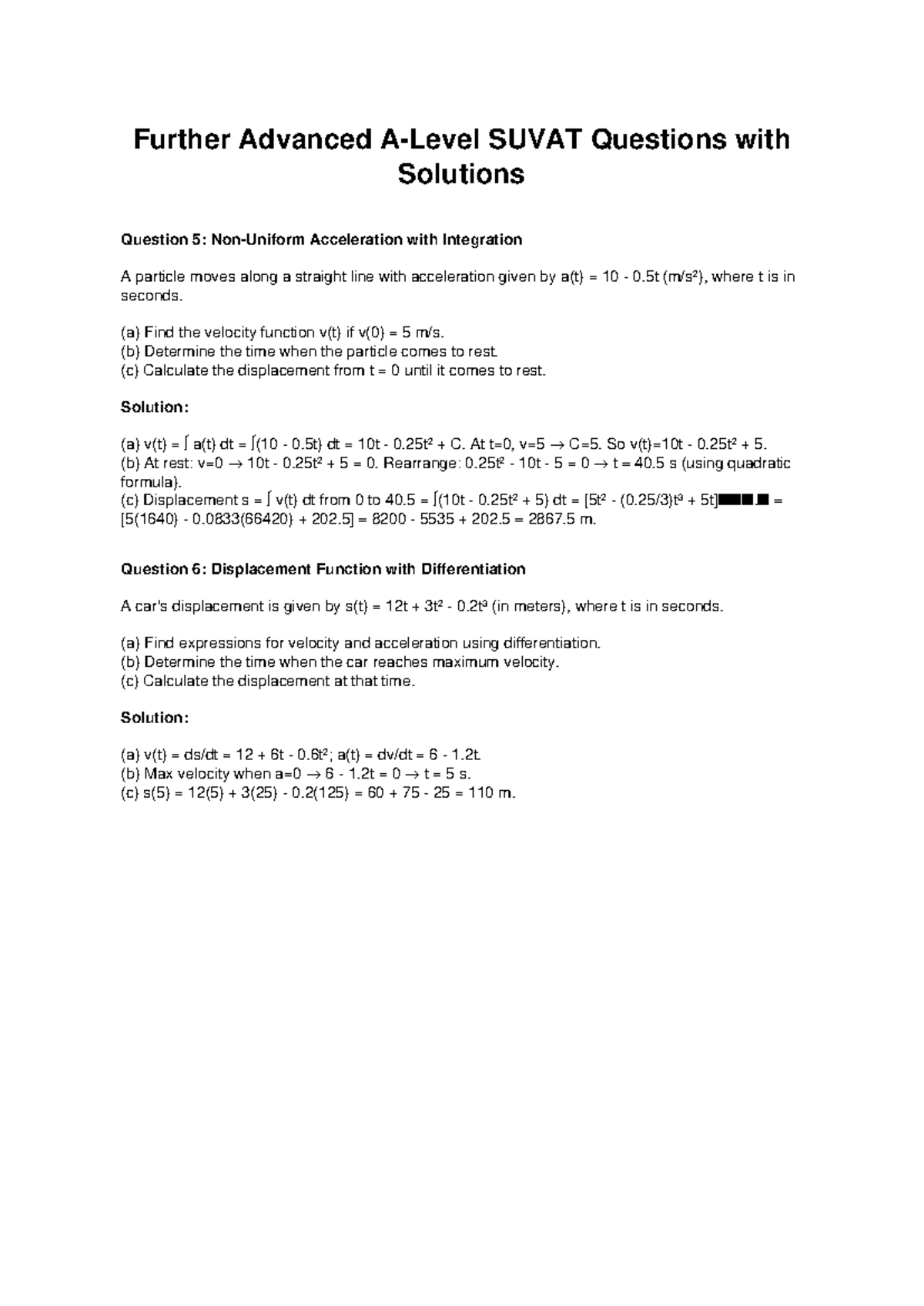 SUVAT Advanced Set Extra 2: Acceleration & Displacement Solutions - Studocu