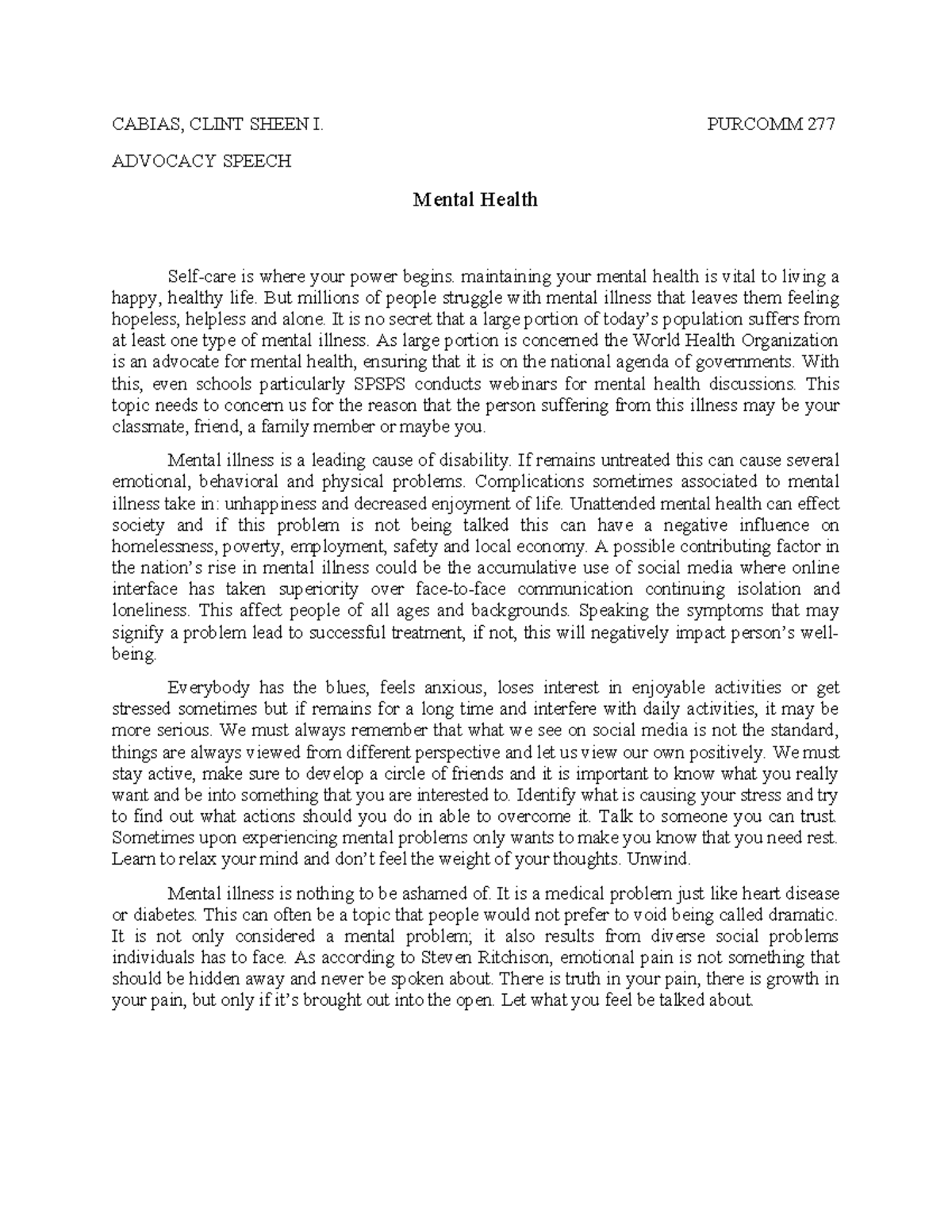 PURCOMM 277 Advocacy Speech: The Importance of Mental Health Awareness ...