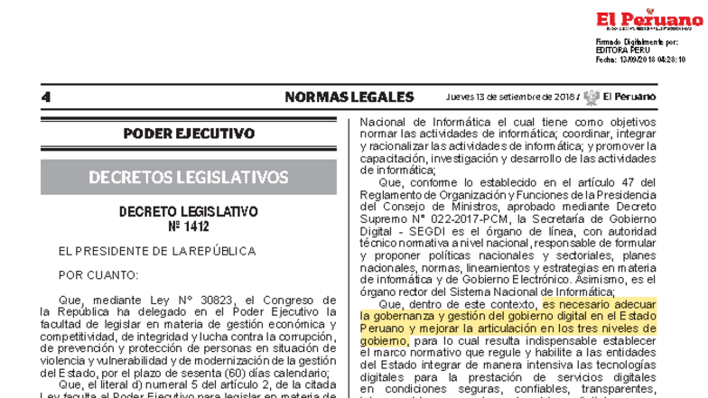 Decreto Legislativo N° 1412: Ley de Gobierno Digital en Perú - Studocu