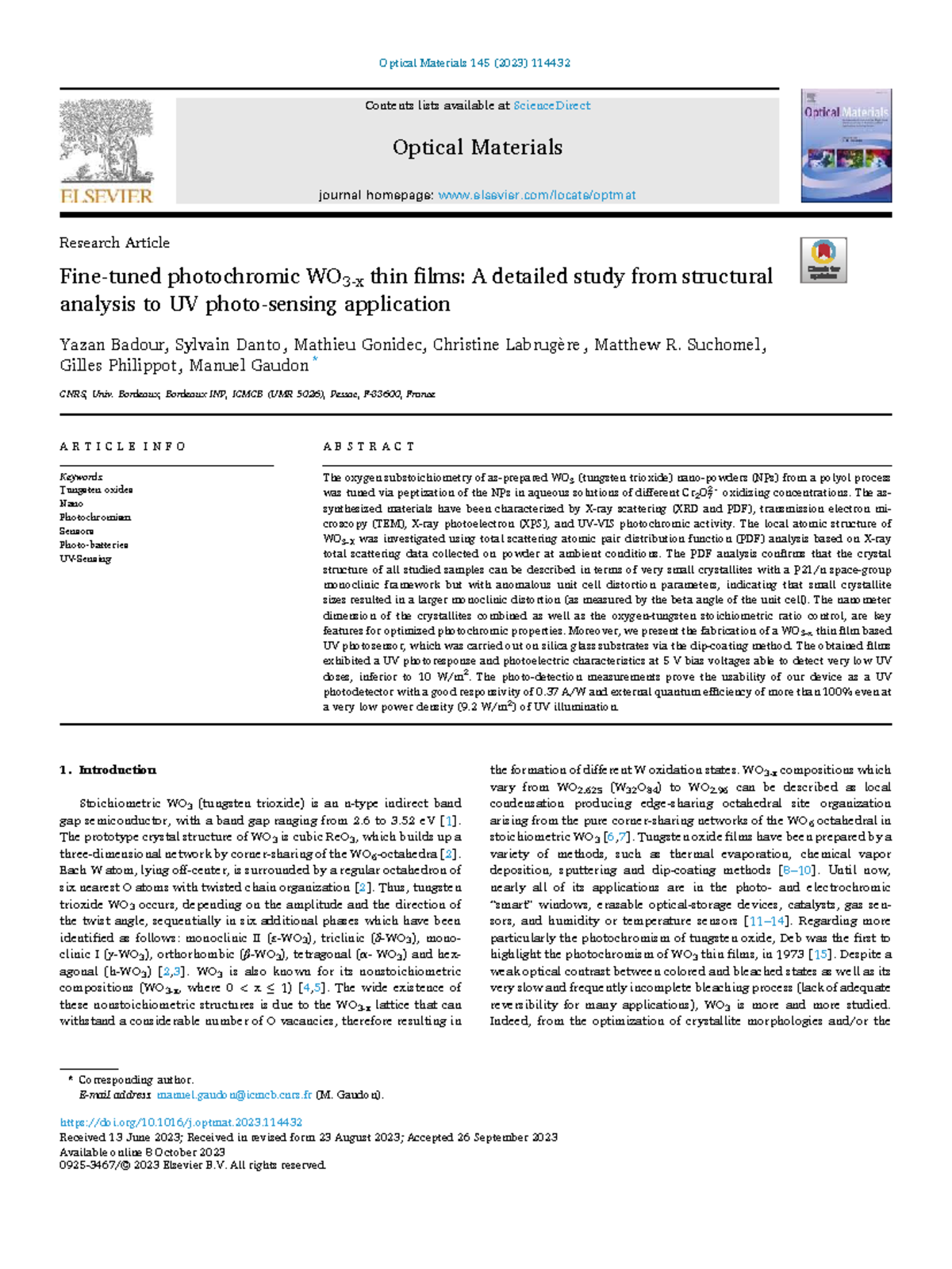 Photochromic Thin Films of WO3: Structural Analysis and UV Applications ...