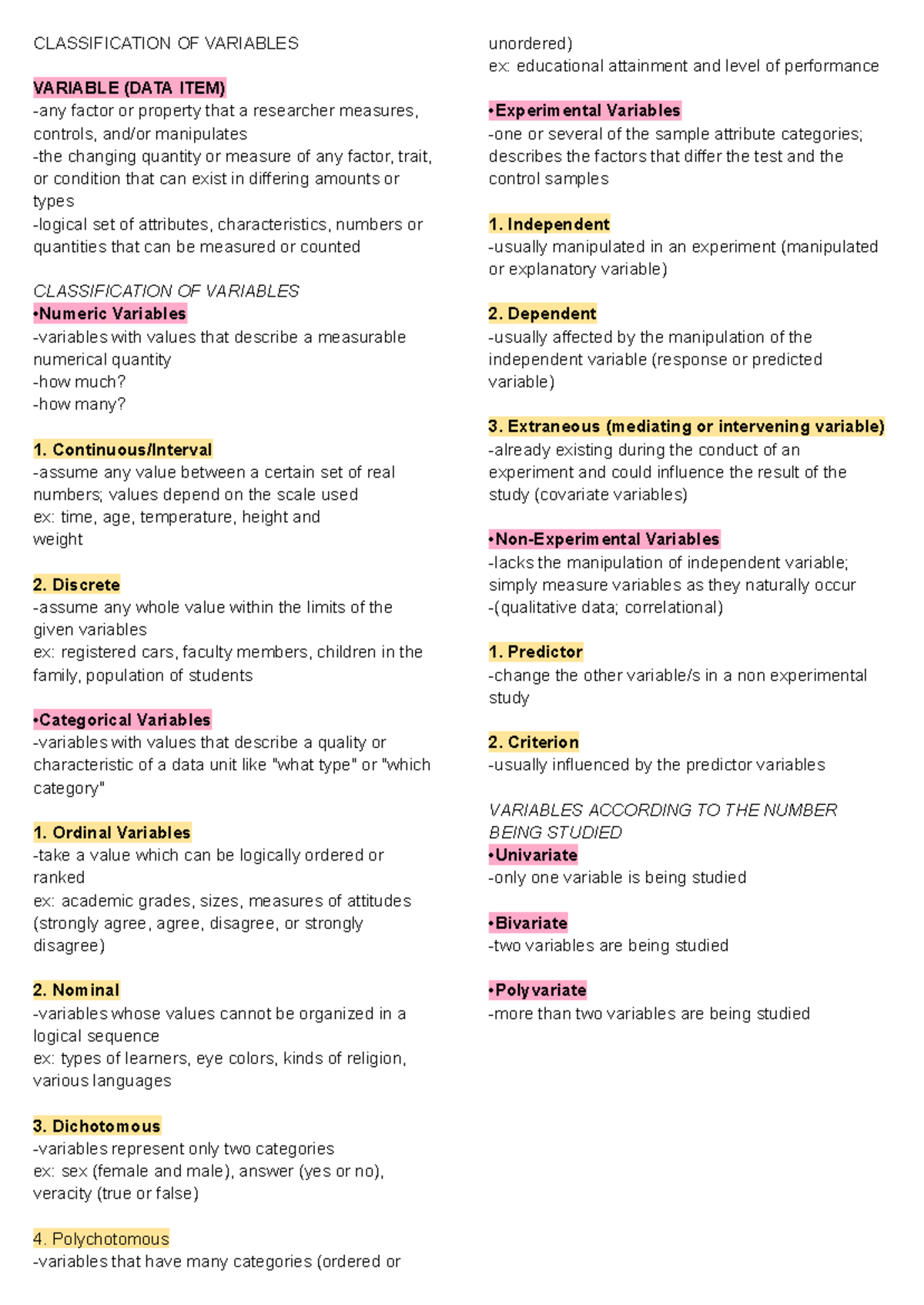 Grade 12 PR Review: Classification of Variables and Their Types - Studocu