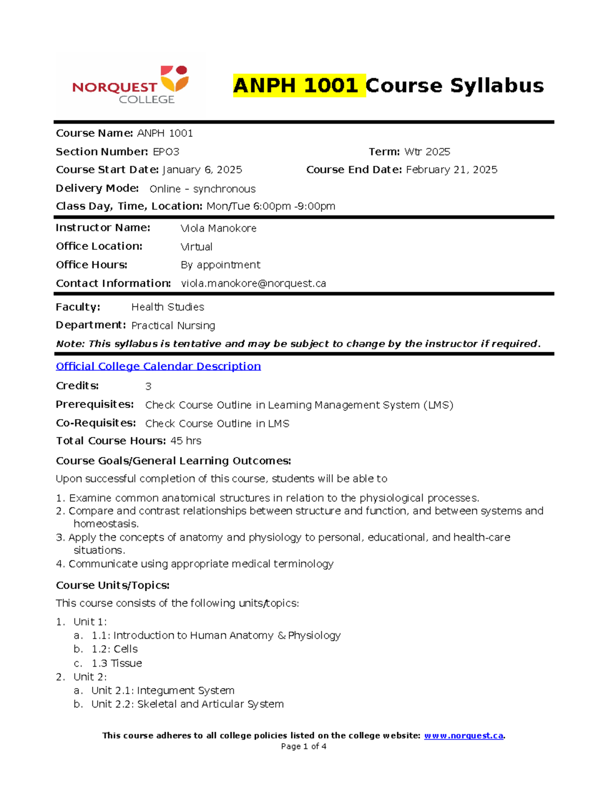 ANPH 1001 wtr 2025 Course Syllabus Section EP03 - ANPH 1001 Course ...