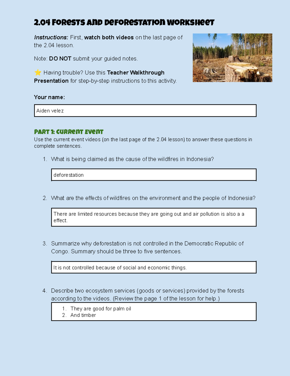 Copy of 2 - please - 2 Forests and Deforestation Worksheet Instructions ...