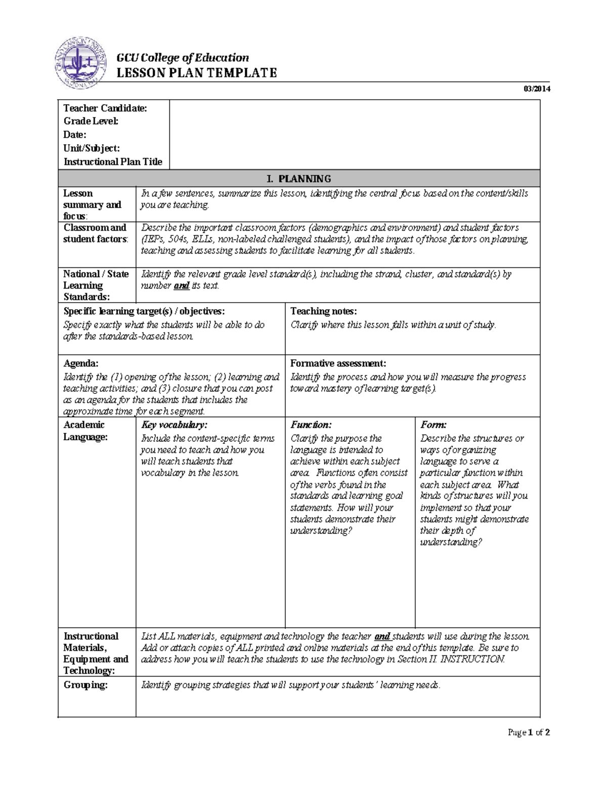 GCU College of Education Lesson Plan Template for 2024 - Studocu