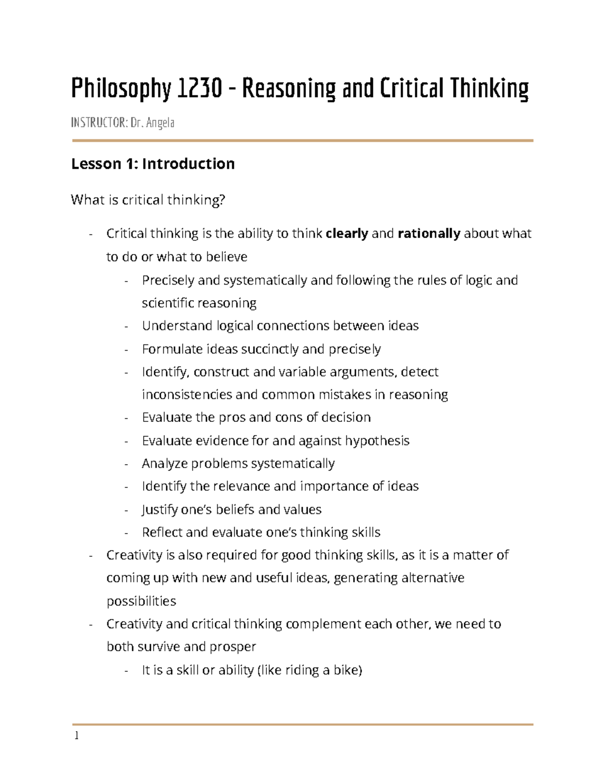 Philosophy 1230 - Lesson 1: Fundamentals of Critical Thinking - Studocu