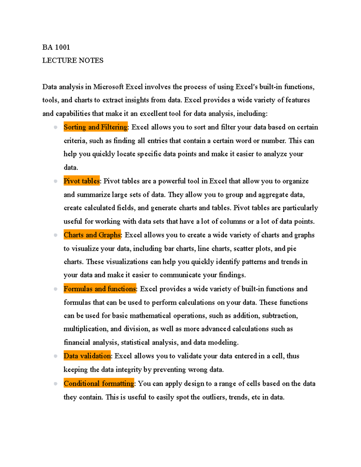 DATA Analysis - BA 1001 LECTURE NOTES - BA 1001 LECTURE NOTES Data ...