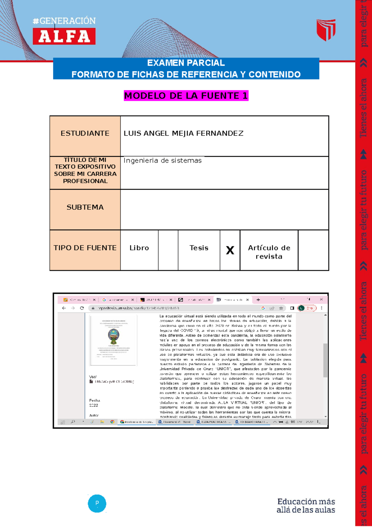 Formato PARA EL Examen Parcial - EXAMEN PARCIAL FORMATO DE FICHAS DE REFERENCIA Y CONTENIDO ...