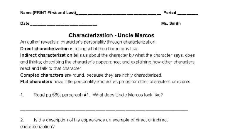 Characterization Analysis of Uncle Marcos - Ms. Smith's Class - Studocu