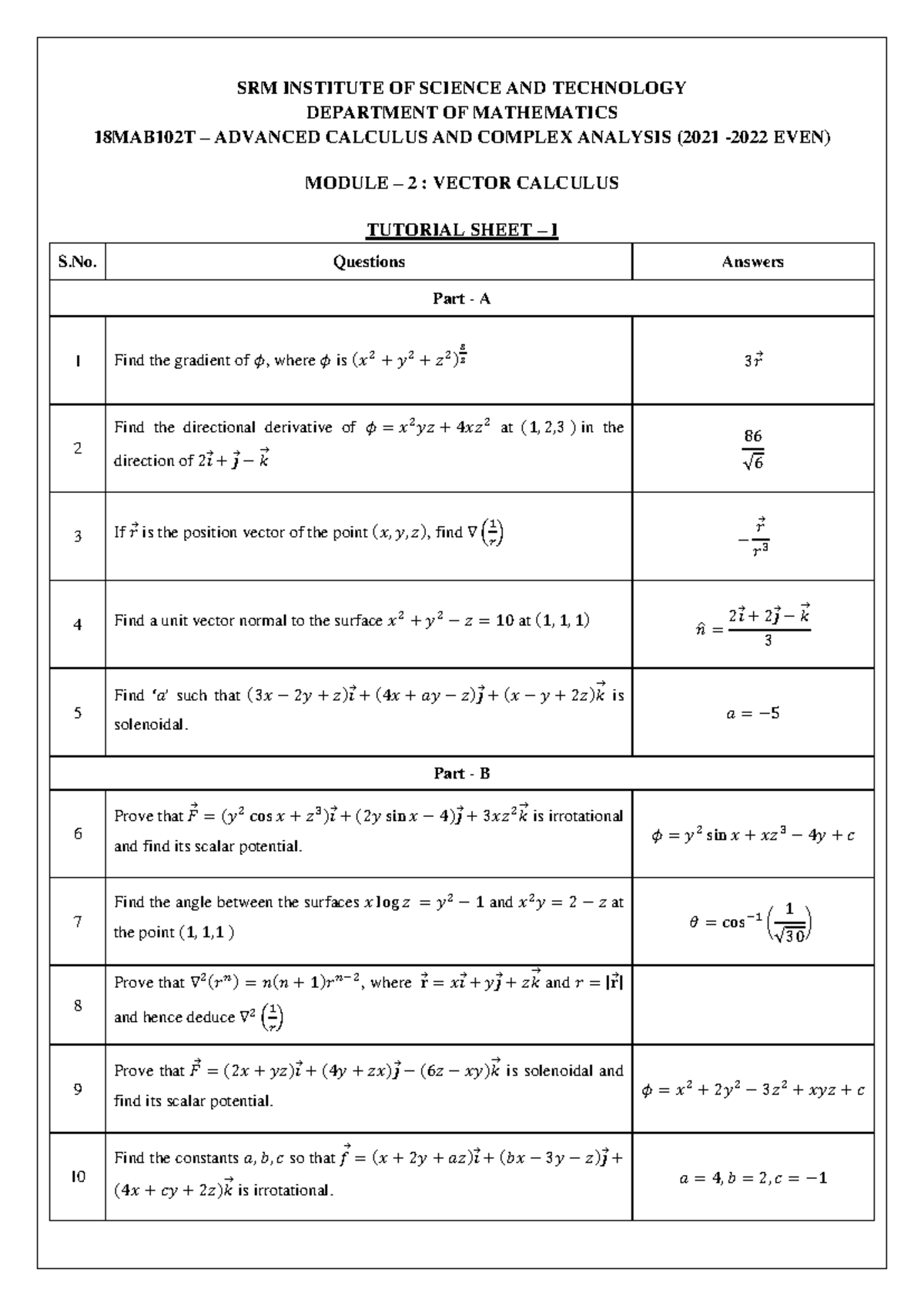 18MAB102T - Advanced Calculus Tutorial Sheet 1 - Unit 2 - 21-22 Even ...