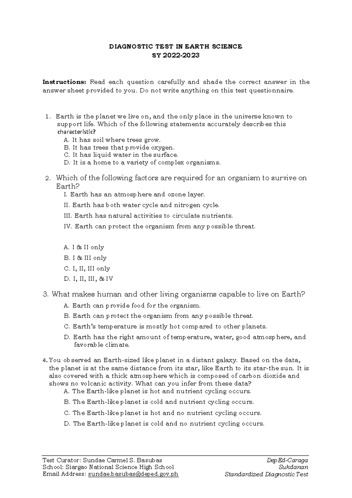 [Earth Science] Diagnostic Test for SY 2022-2023 - Studocu