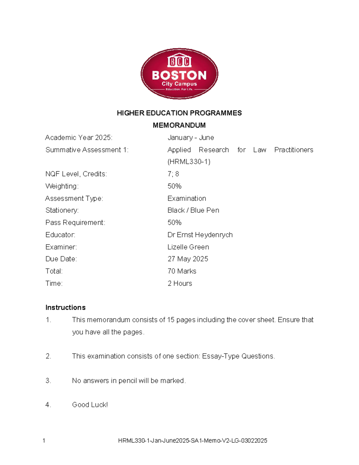 HRML330 Jan-June 2025 Summative Assessment 1 Memo: Applied Research for ...