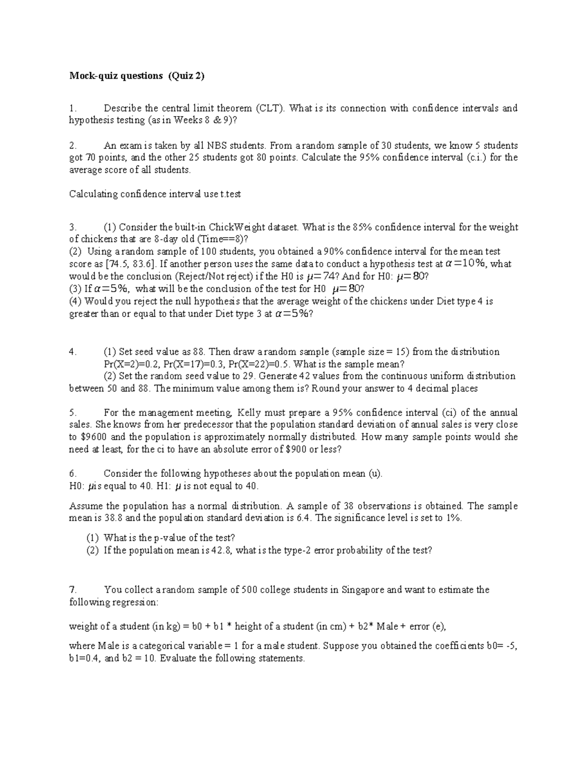 AB1202 Quiz 2 - Additional Practice Questions on CLT and Confidence ...