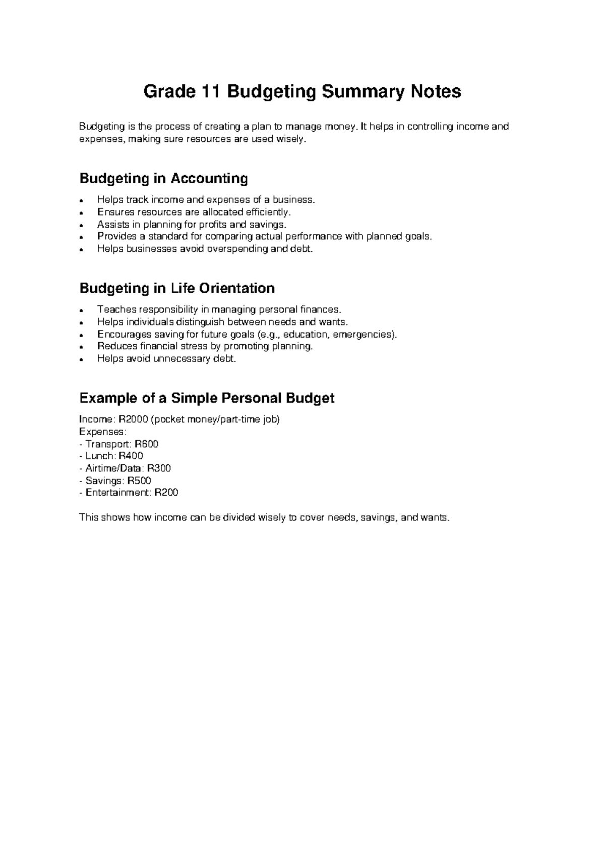 Grade 11 Budgeting Summary Notes: Managing Money Wisely - Studocu