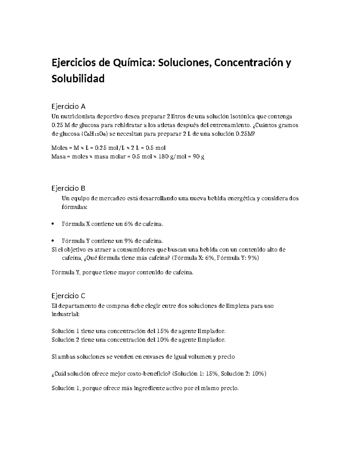 Ejercicios de Química: Soluciones y Concentración - Clase Química - Studocu