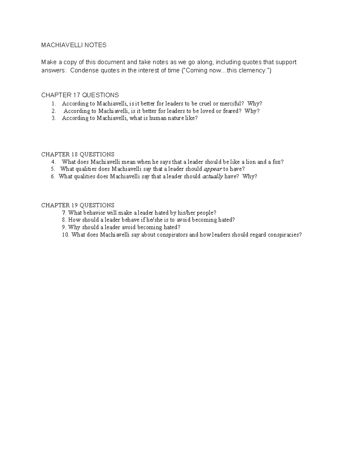 Machiavelli Notes - assignment - MACHIAVELLI NOTES Make a copy of this ...