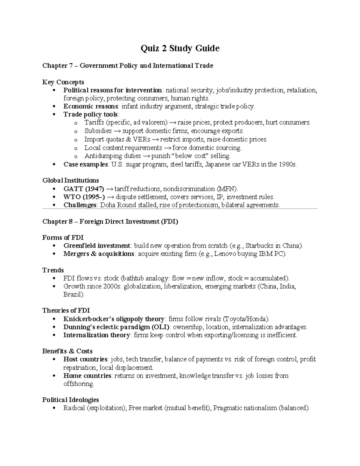 Quiz 2 Study Guide: Key Concepts in Government Policy & FDI - Studocu