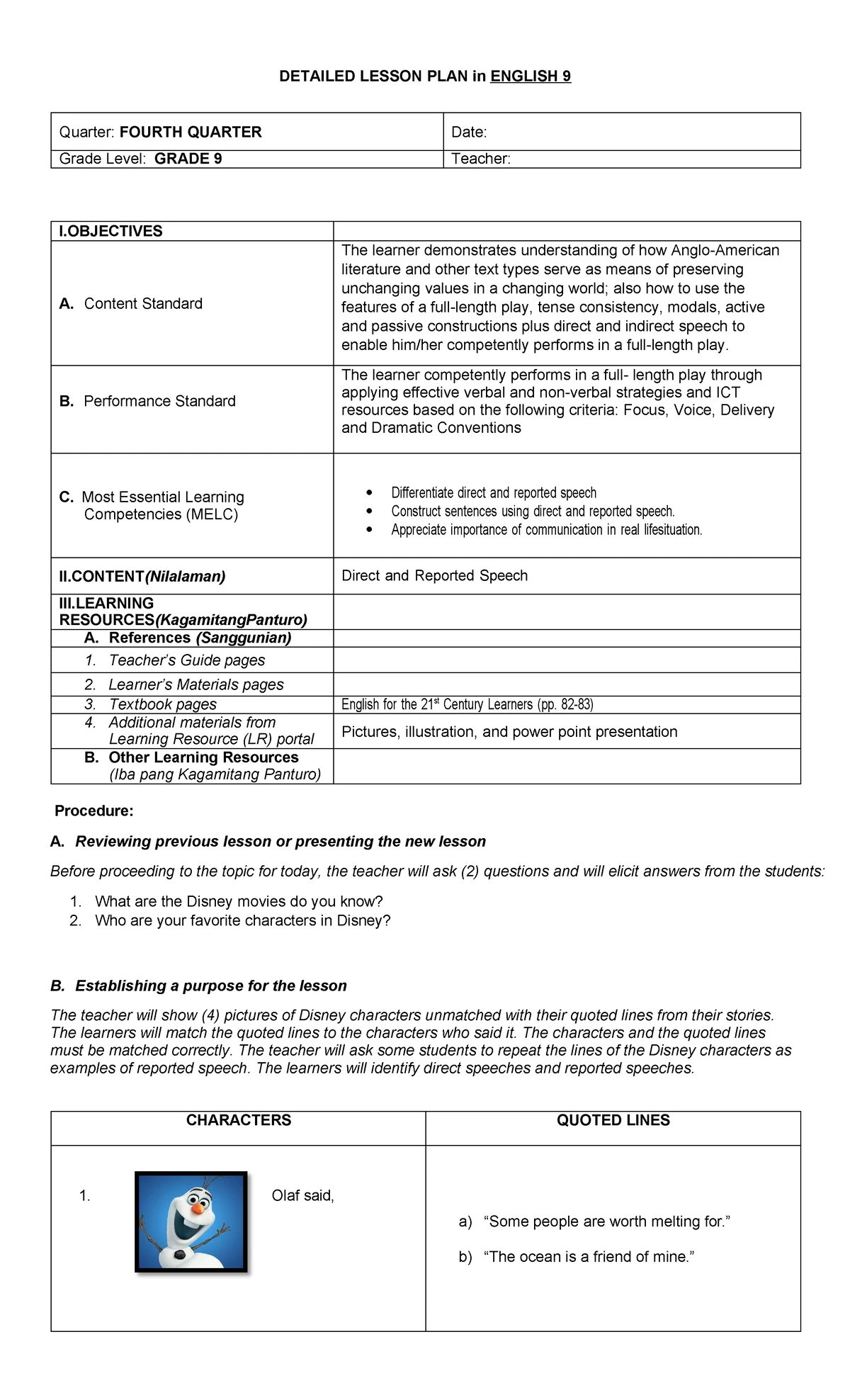 Detailed Lesson Plan: Coordinating Conjunctions (Eng 9) - Studocu