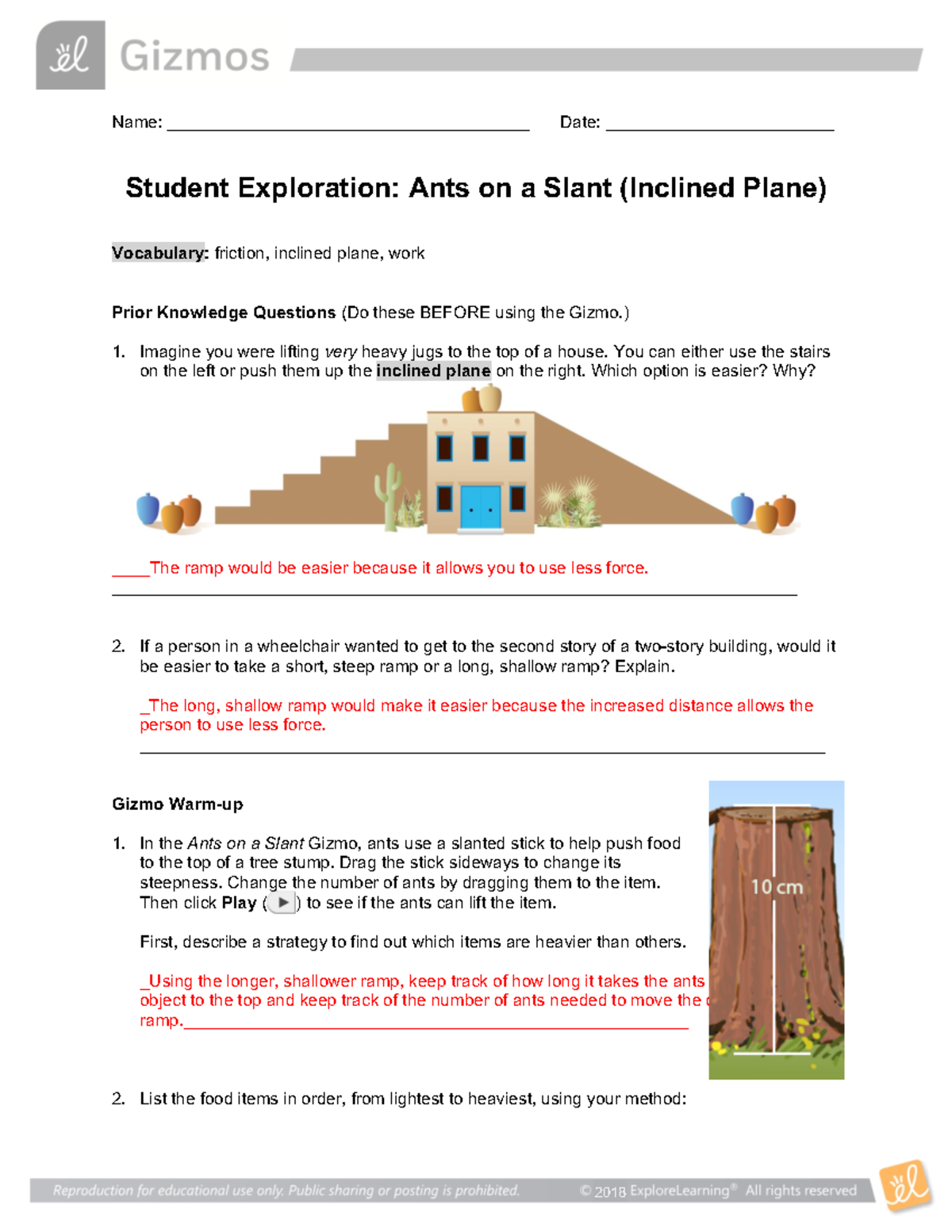 Ants on a Slant (Inclined Plane) Gizmo Exploration Guide - Studocu