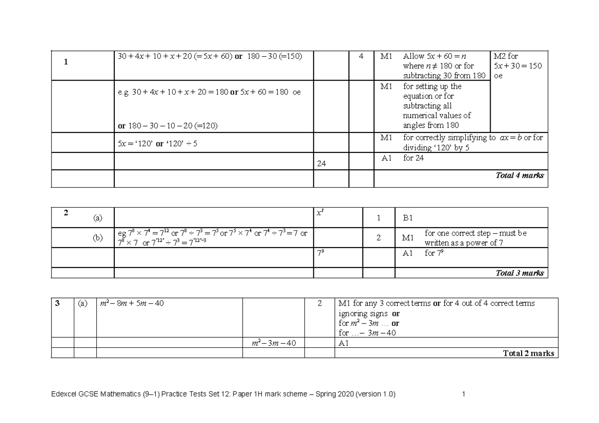 Practice Tests Set 12 - Paper 1H Mark Scheme Overview - Studocu