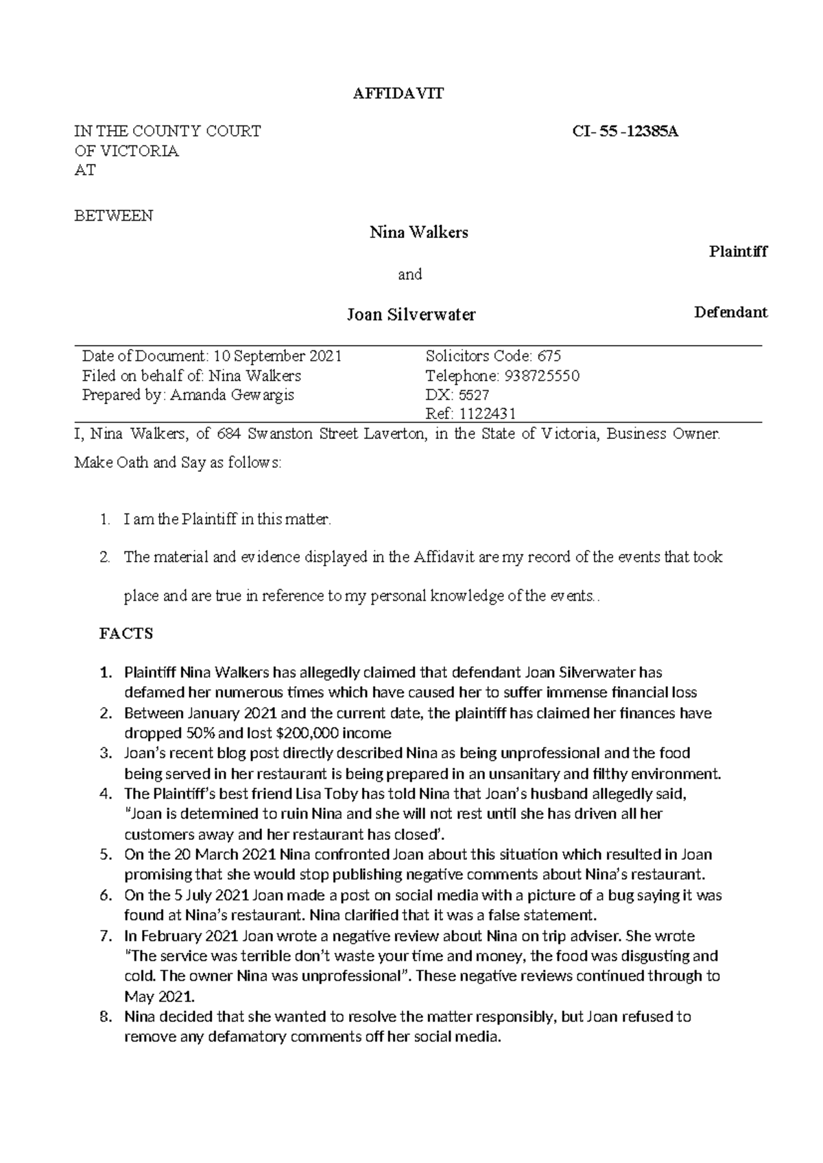 Affidavit - AFFIDAVIT IN THE COUNTY COURT CI- 55 -12385A OF VICTORIA AT ...