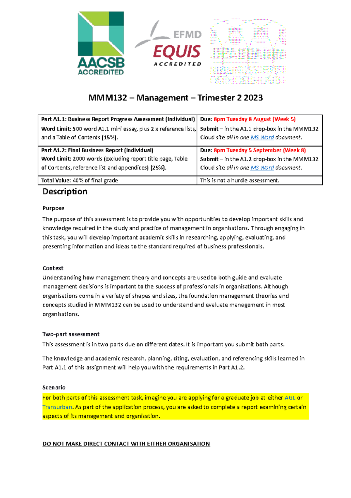 MMM132 T2 2023 A1 Rubric - MMM132 – Management – Trimester 2 2023 Part ...