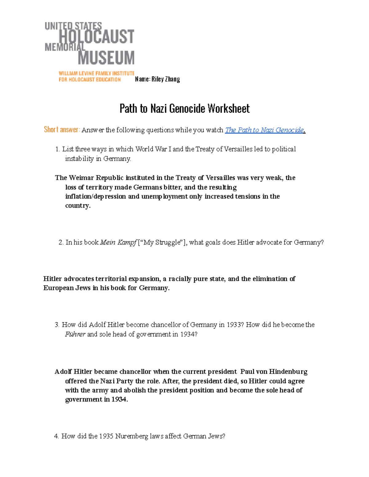Path to Nazi Genocide: A Worksheet for Study and Reflection - Studocu