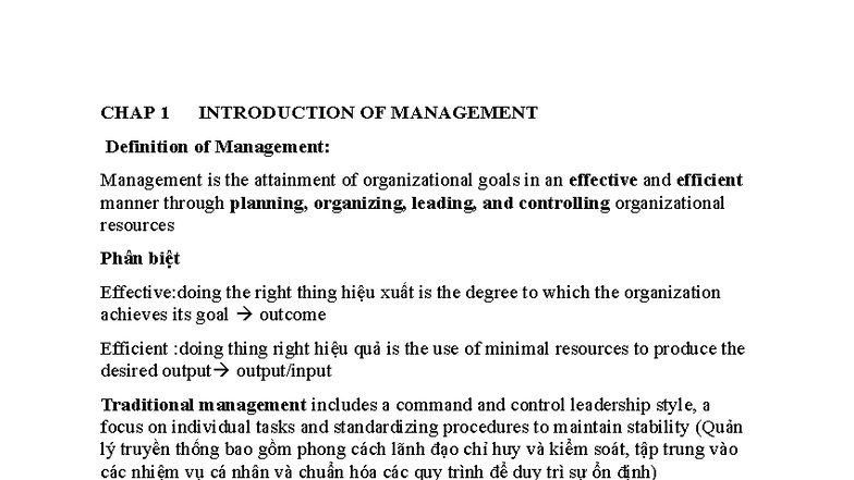 CHAP 1: INTRODUCTION TO MANAGEMENT - Key Concepts and Definitions - Studocu