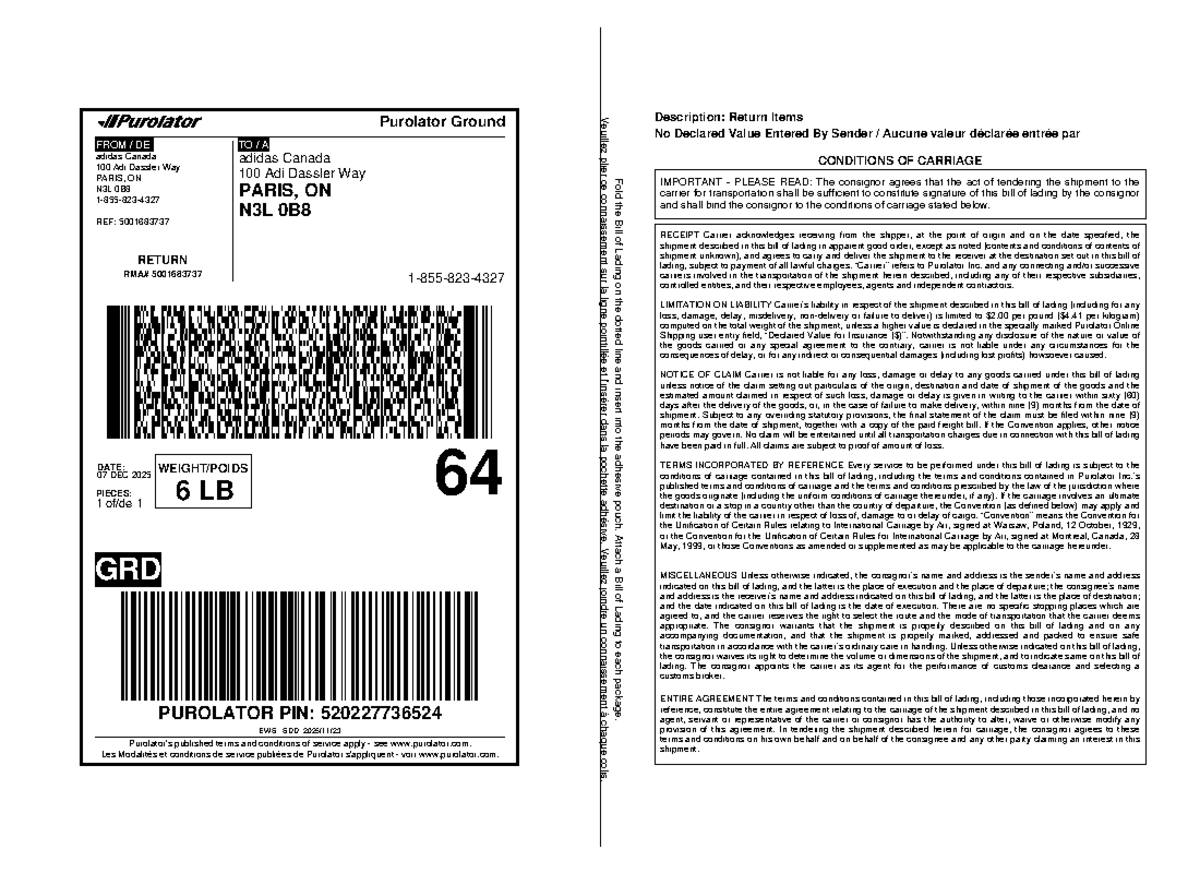Purolator Return Shipment Bill of Lading - REF: 5001683737 - Studocu