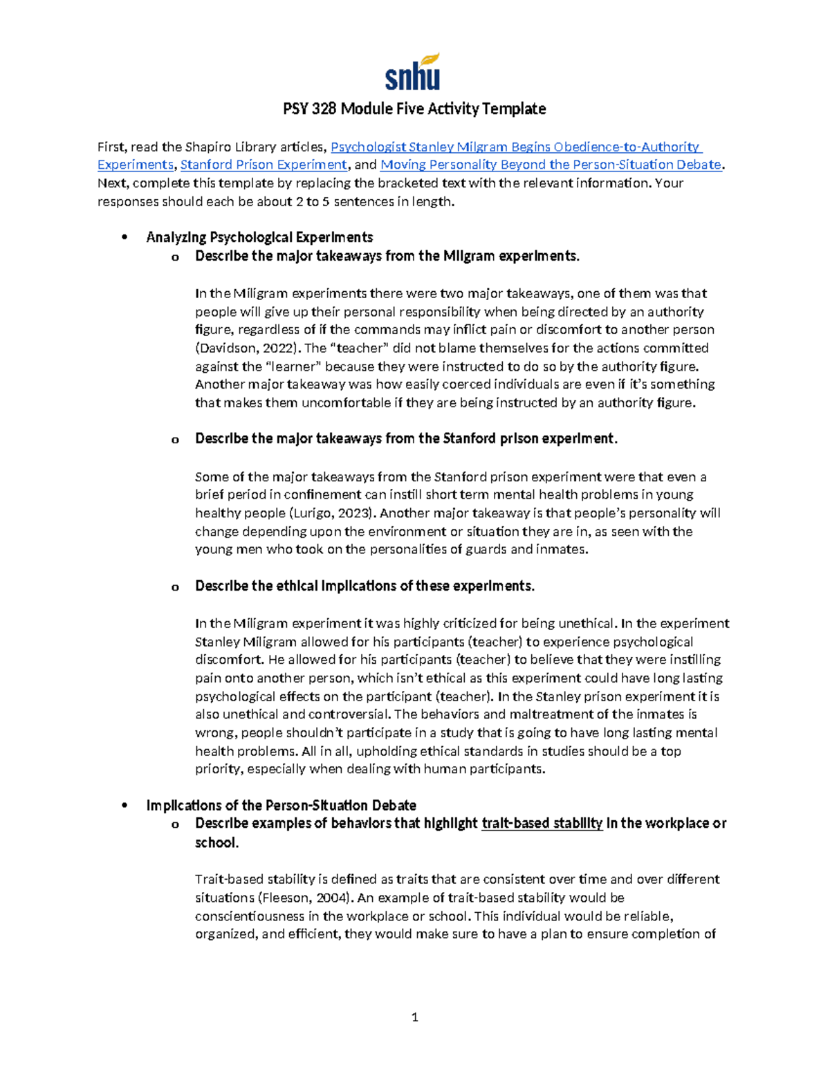 PSY 328 Module Five Activity Template - PSY 328 Module Five Activity Template First, read the ...