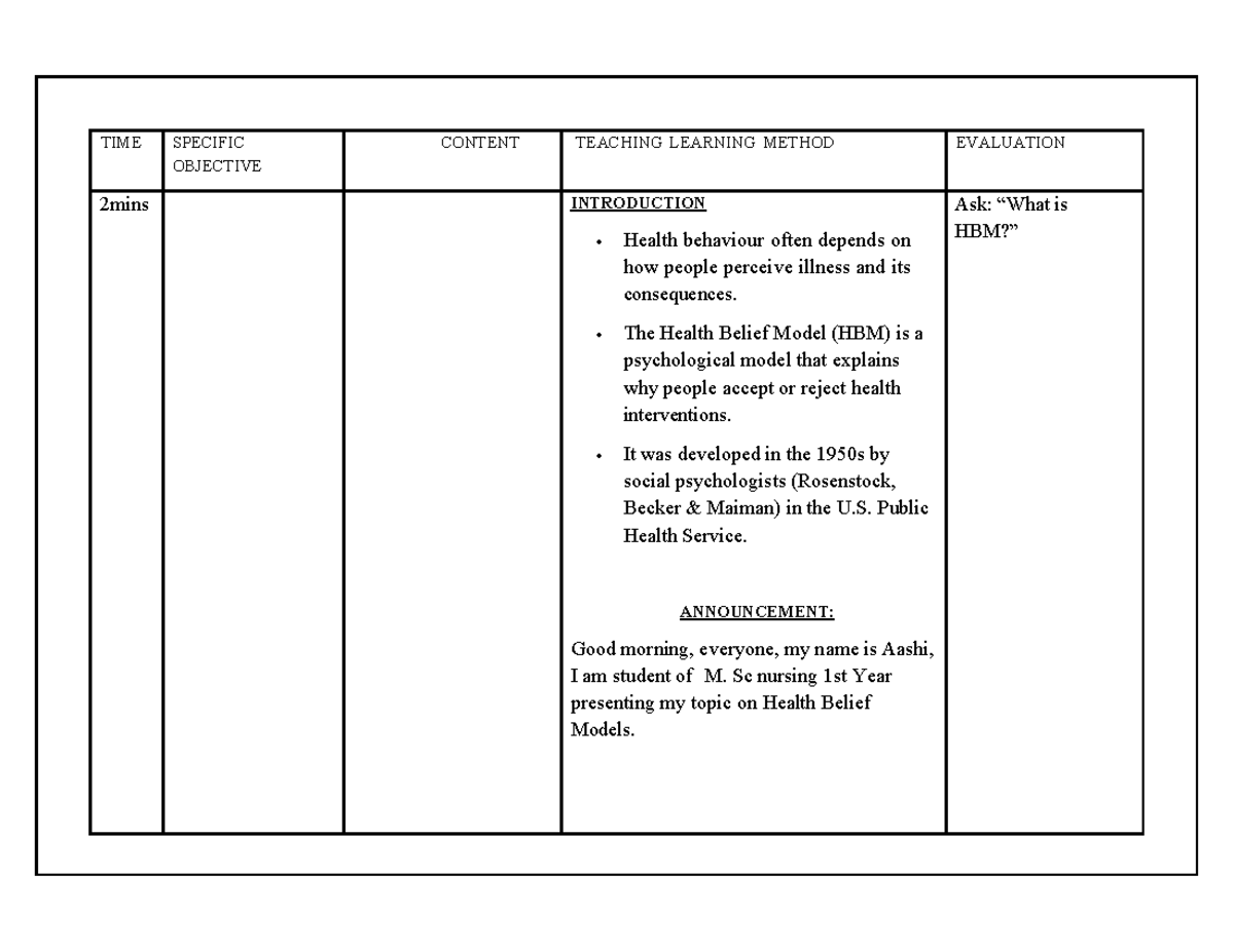 HBM 1st Year Nursing: Health Belief Model Practice Notes - Studocu
