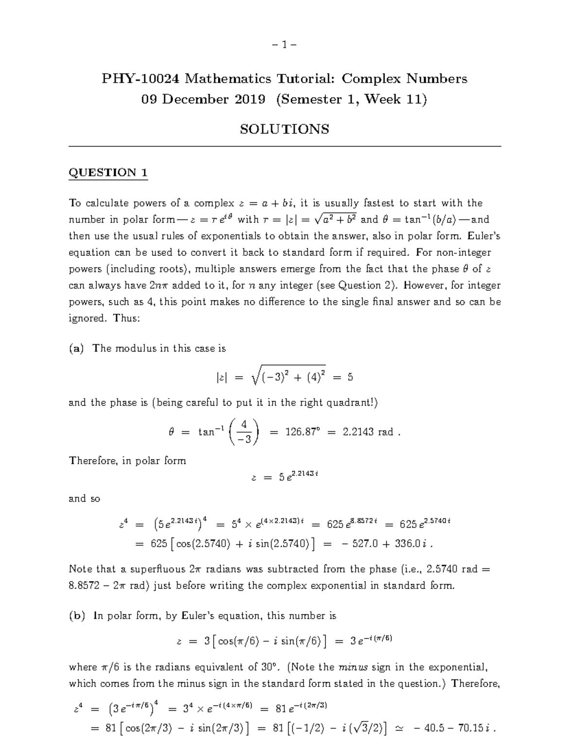 Semester 1 Tutorial 10 2019 Solutions - PHY-10024 Mathematics Tutorial ...