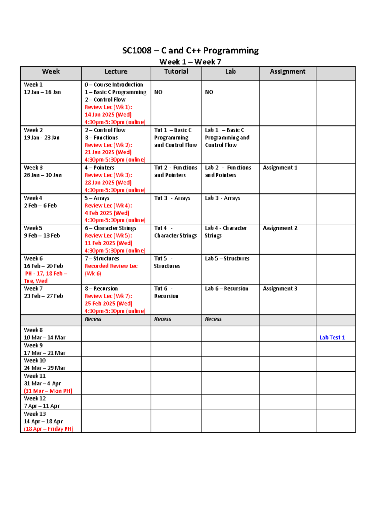 SC1008 - C Programming Schedule (Weeks 1-7) 2025-26 - Studocu