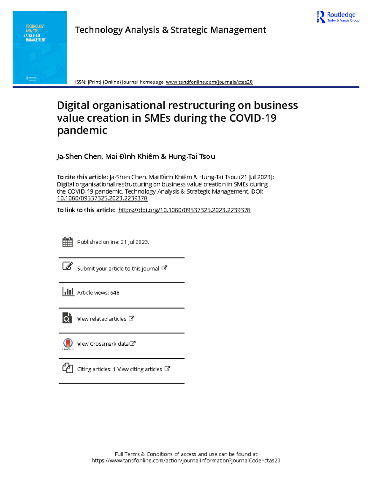 Digital organisational restructuring on business value creation in SMEs ...