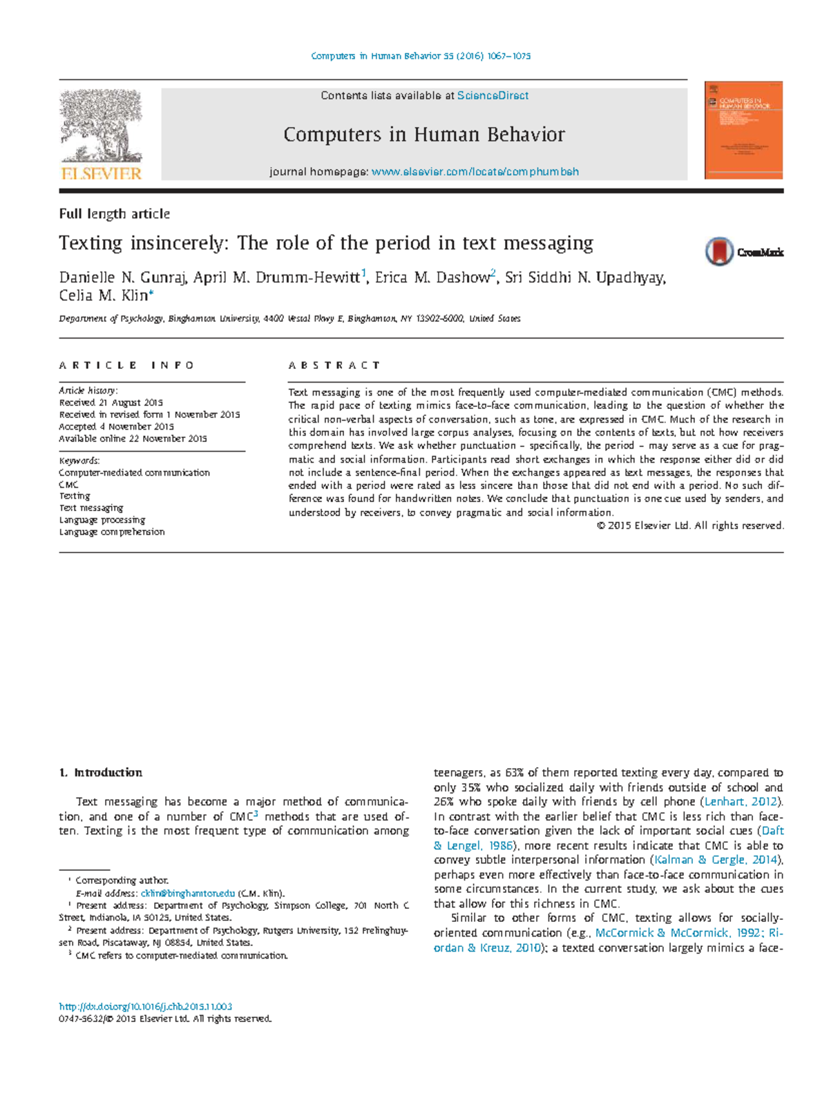 Texting Insincerely: The Role of Periods in CMC (PSY 55) - Studocu