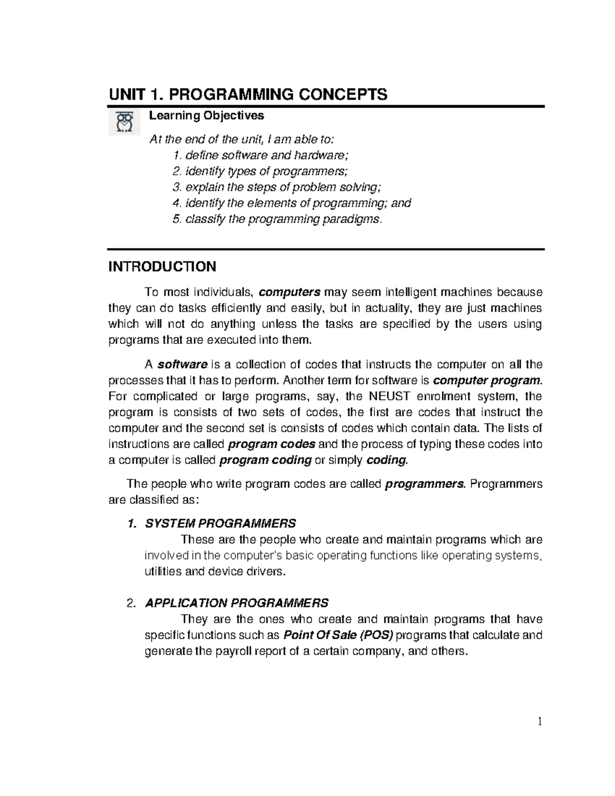 Programming Concepts: Fundamentals, Elements, and Paradigms Overview (UNIT 1) - Studocu